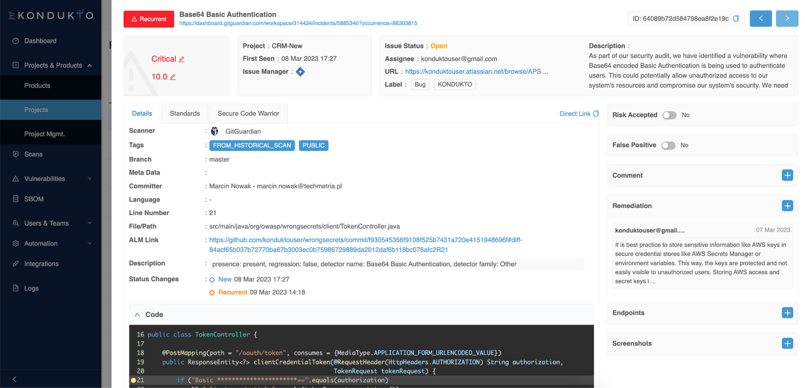 Review your hardcoded secrets in Kondukto's AppSec platform